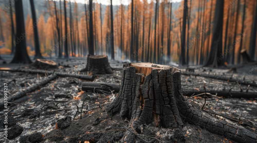 Burned tree stumps and ash-covered ground in a forest fire aftermath ...