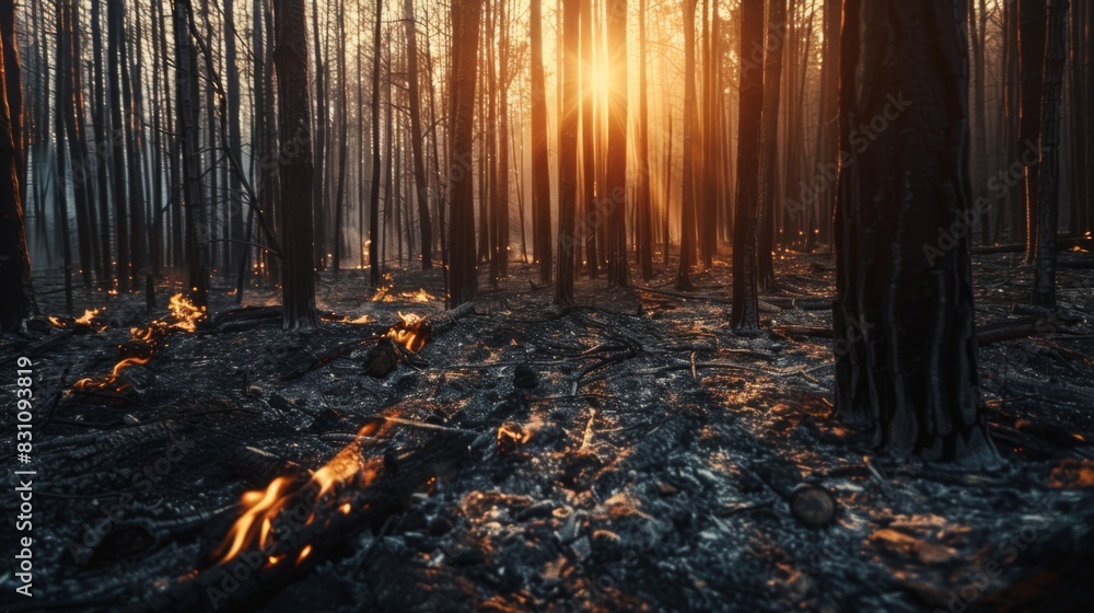Burnt landscape and charred trees in a forest fire aftermath ...