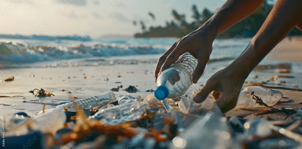 Beach cleanup concept. Close-up of beach cleanup: Hands removing ...