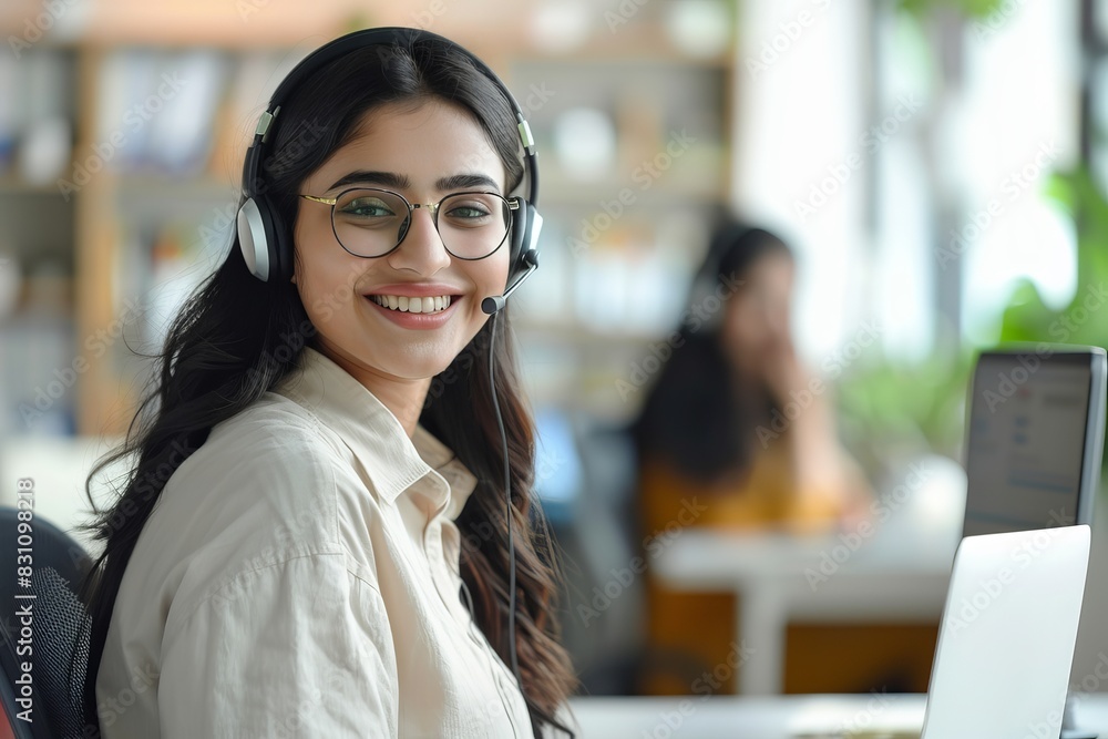 portrait illustration of an indian young girl working in a call center ...