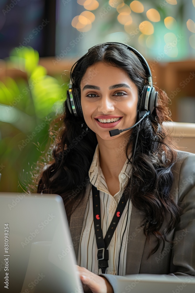 portrait illustration of an indian young girl working in a call center ...