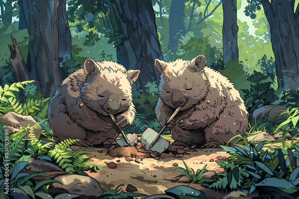 A detailed cartoon image of wombats working together to dig a hole ...