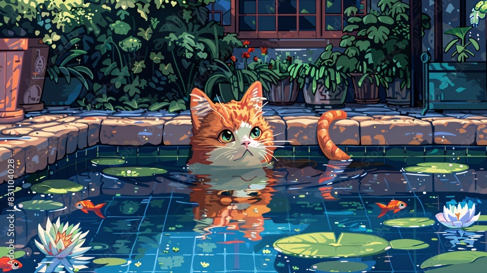 A detailed pixel scene of a cat leisurely swimming in a pool ...