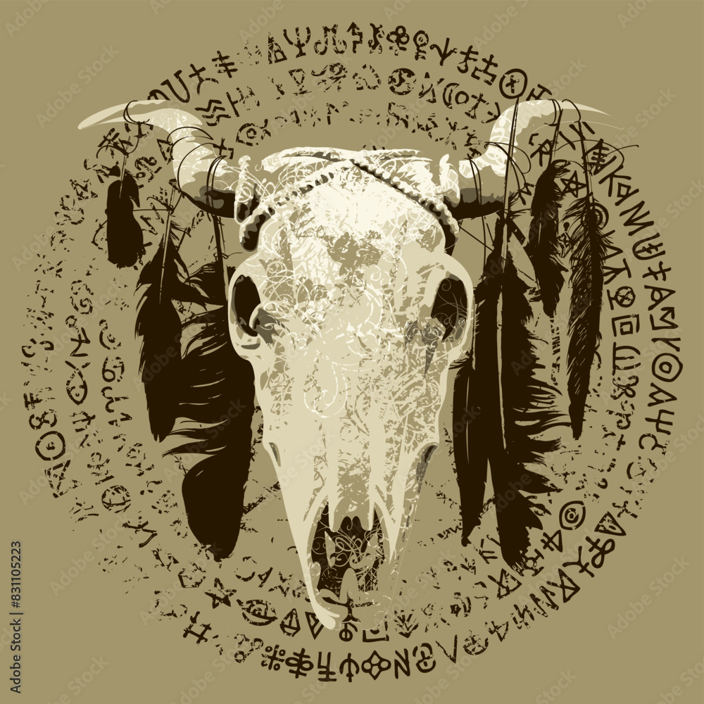 Vector illustration with a horned cow or bull skull with crow feathers ...