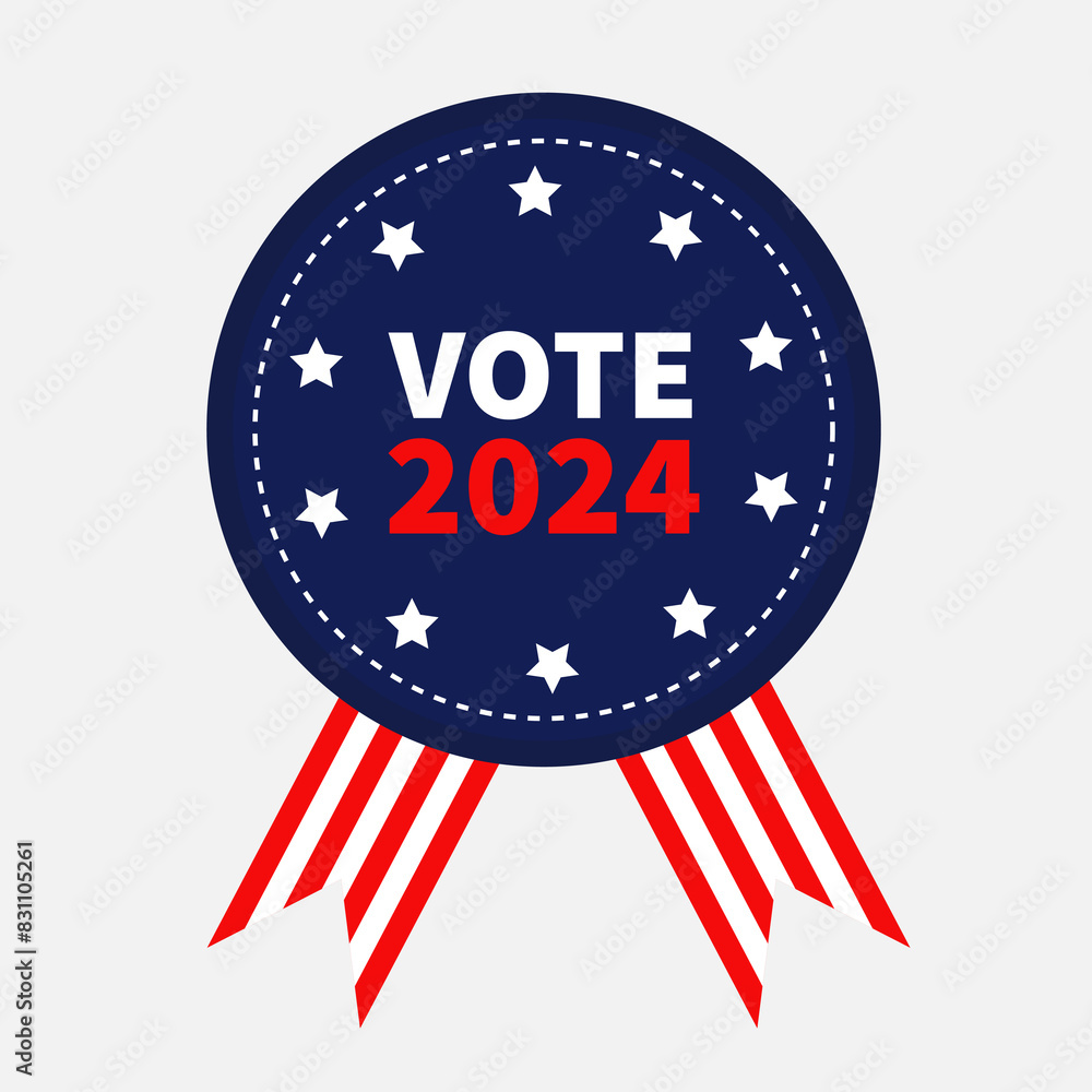 Vote 2024. Blue badge with red white striped ribbons. Award icon. Star ...