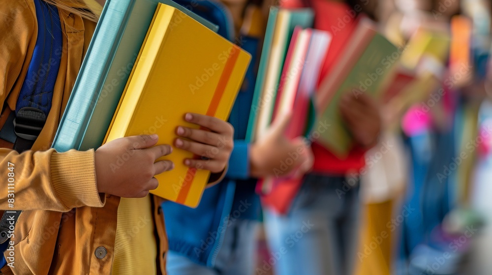 Students holding books in a row, highlighting education, school ...