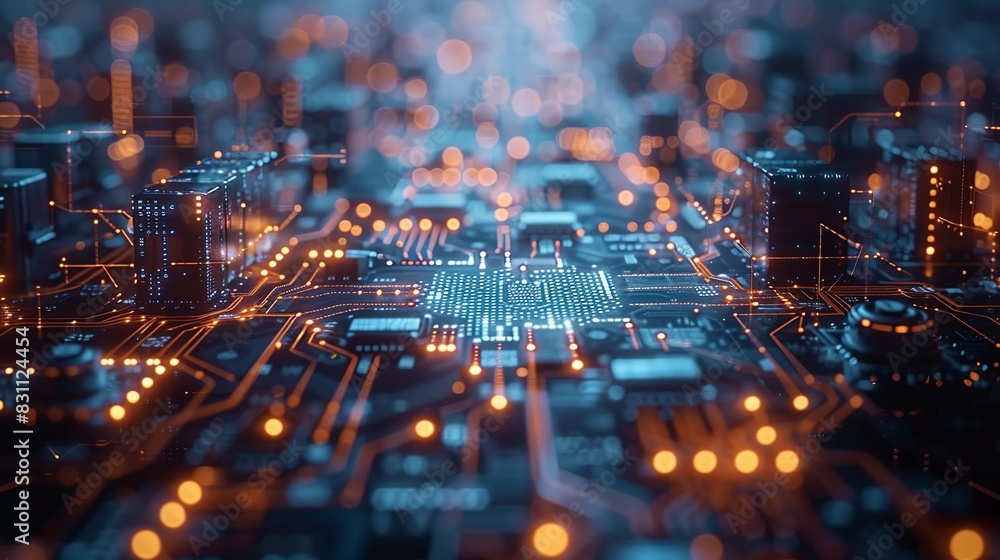 A team collaborating with floating digital schematics of quantum ...