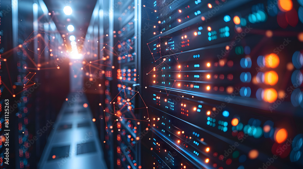 Image of spinning globe and dna structure against computer server room ...