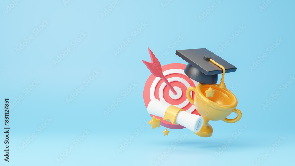Graduation hat and diploma with prize winner and golden cup cartoon on ...