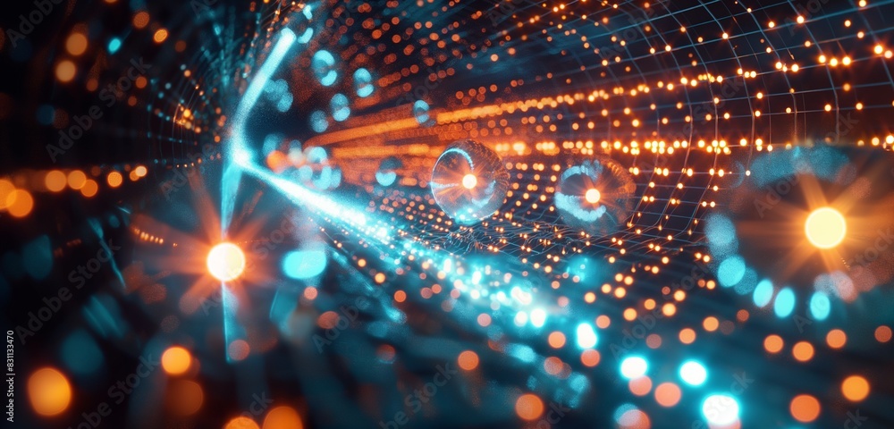 An abstract 3D representation of encrypted data packets, visualized as ...