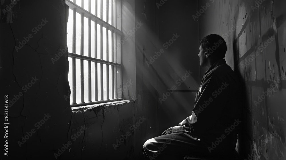 An inmate sitting alone in a prison cell, looking out a small window ...