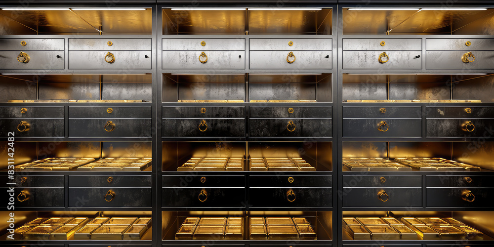 Open bank safe deposit lockers with golden ingots rows inside. Stock ...
