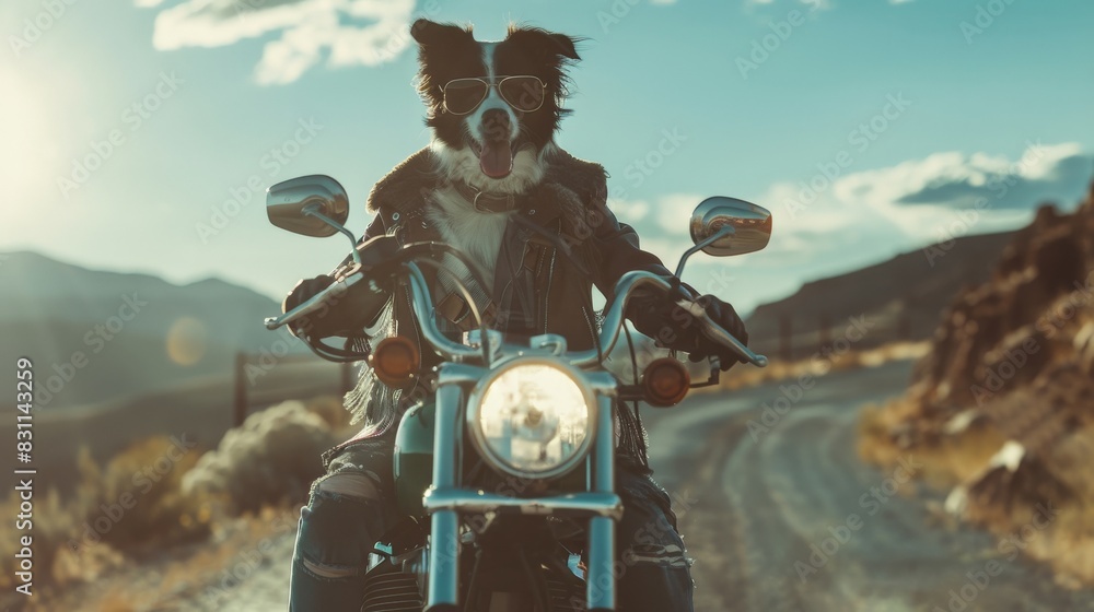 Canine biker in stylish attire navigating a motorcycle on a mountain ...