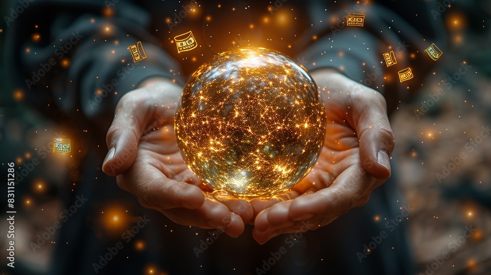 A pair of hands cupping a glowing golden sphere, with subtle currency ...