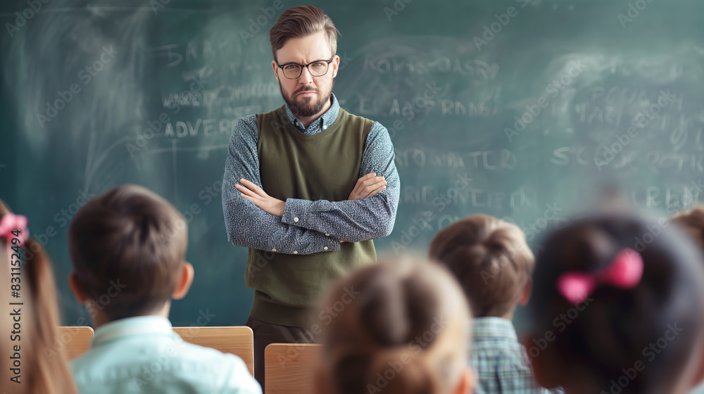 Serious teacher standing with arms crossed in front of classroom of ...