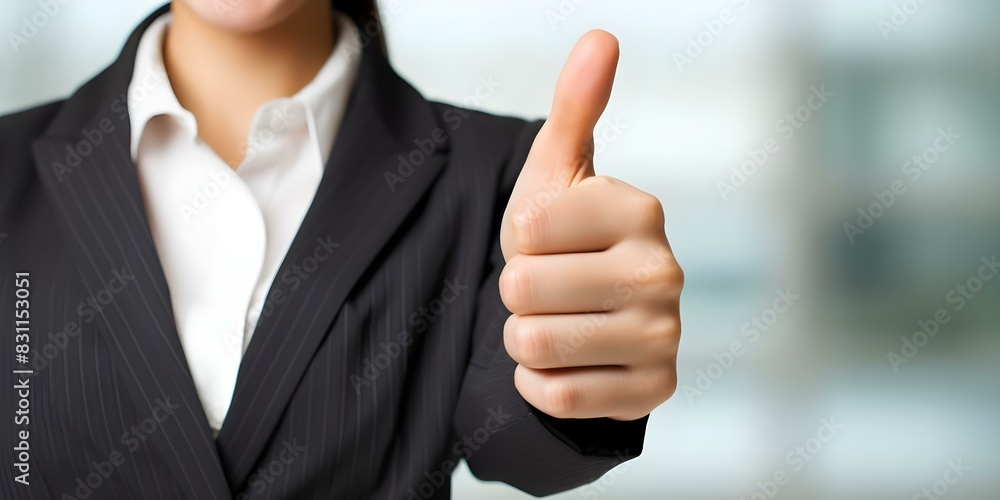 Woman giving thumbs up as a sign of approval for a product or service ...