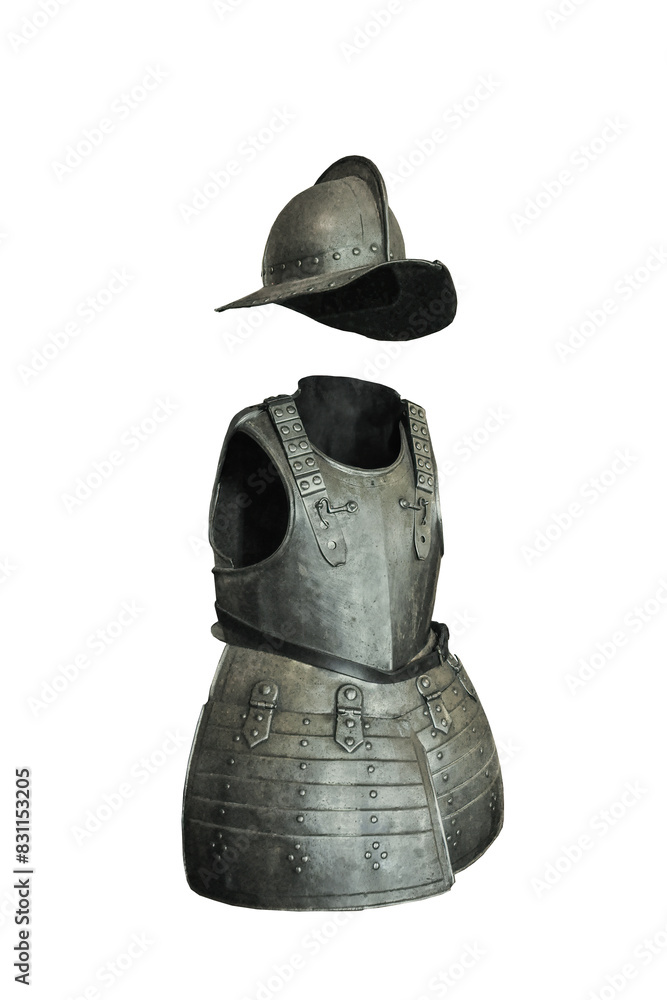 Old medieval knight breastplate body armor with helmet, isolated ...