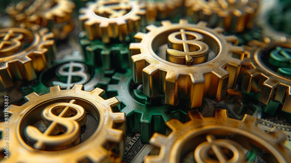 Abstract gears of gold and green interlocking with dollar signs ...
