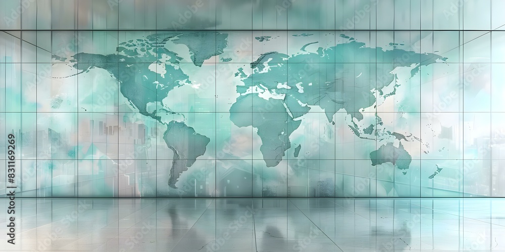 World map displayed on large video wall in corporate media studio ...