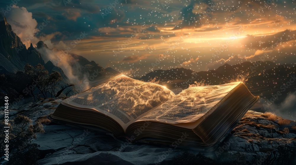 epic cinematic presentation of the book of genesis in an open bible ...