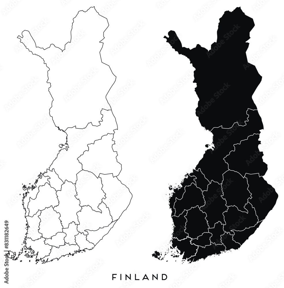 Finland map of city regions districts vector black on white and outline ...