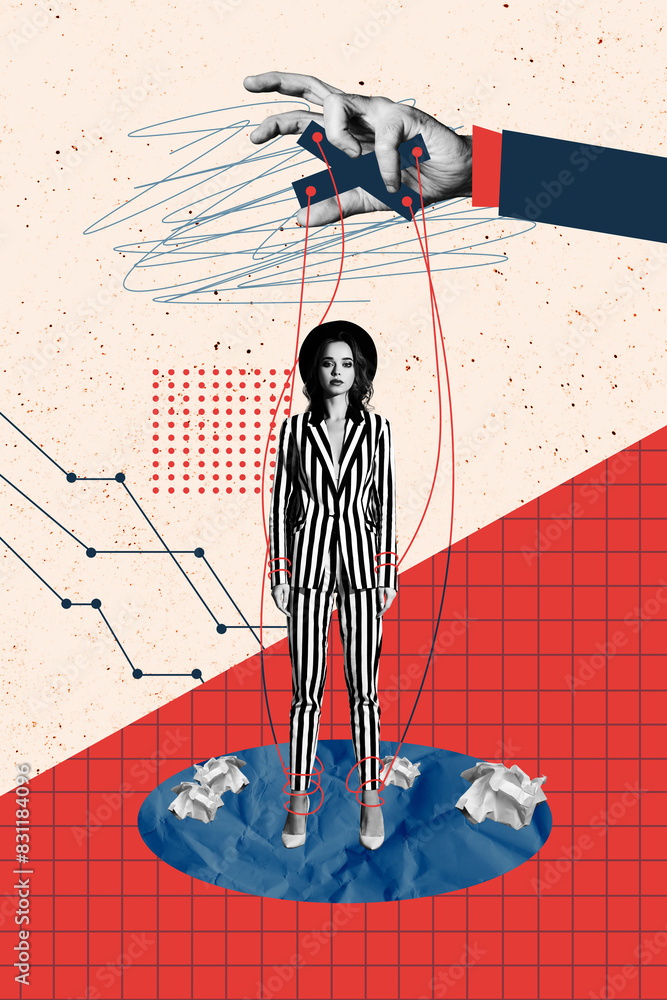 Vertical photo collage of serious girl puppet wear zebra suit control ...