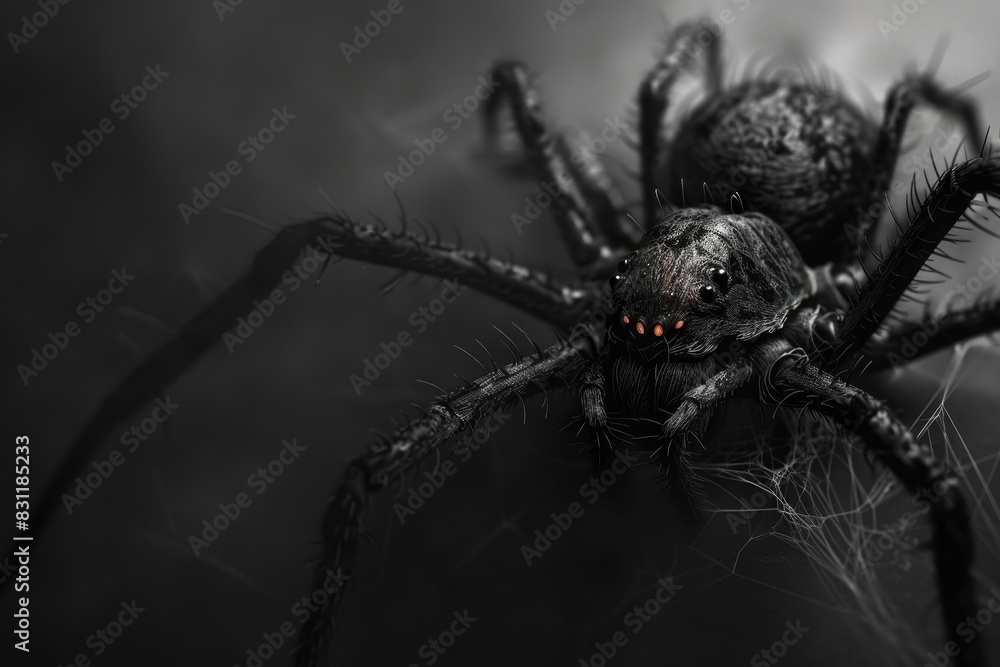 Detailed macro image of a black spider with red eyes, displayed against ...
