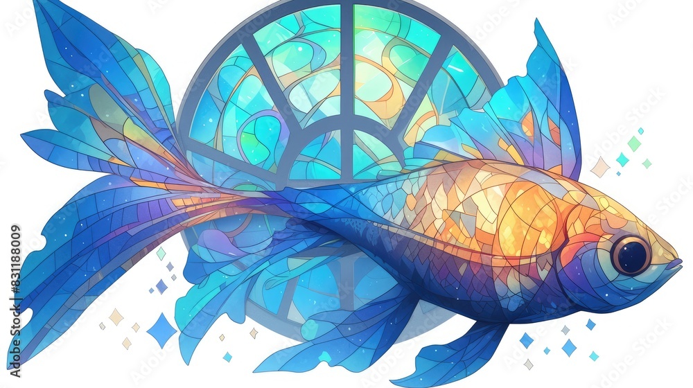 Featuring a stained glass design a vibrant cartoon fish stands out ...