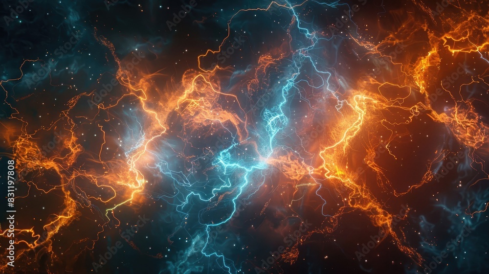 Orange And Blue Lightning Background With Many Glowing Energy Veins Sci ...