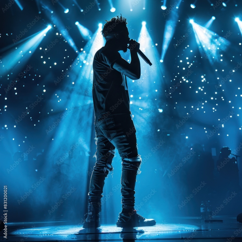 Man rapping with his mic, on stage under spotlights with blue lighting ...