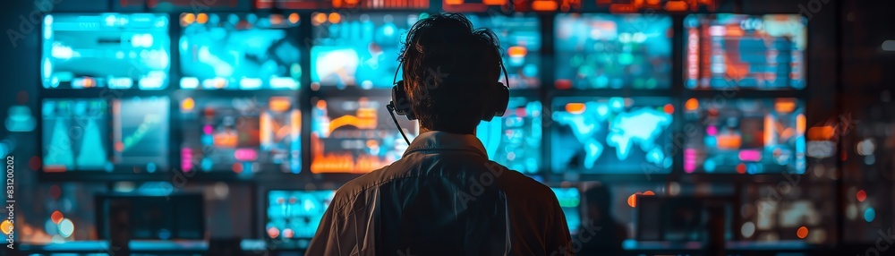 Person with headset monitoring multiple screens in a control room ...