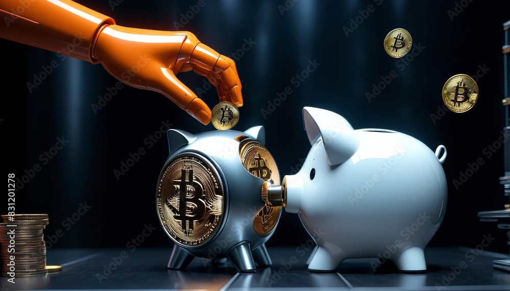 A futuristic image depicting a robotic hand inserting a Bitcoin coin ...
