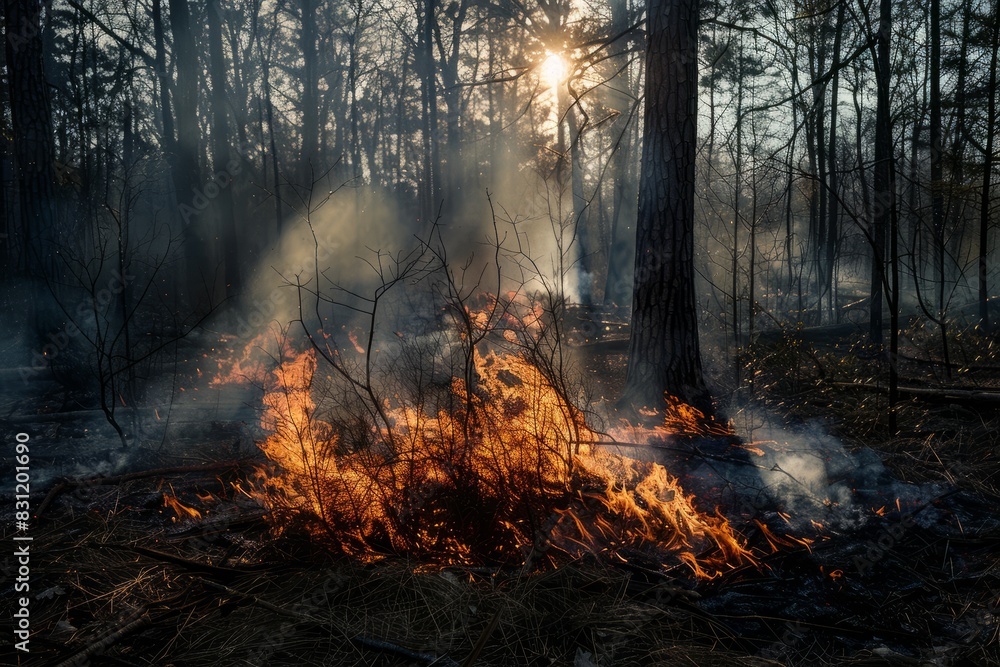 A controlled fire burns in a forest as part of a managed operation ...