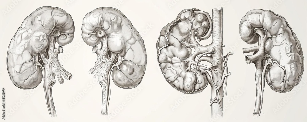 Kidney stones in various stages of formation, detailed sketch ...