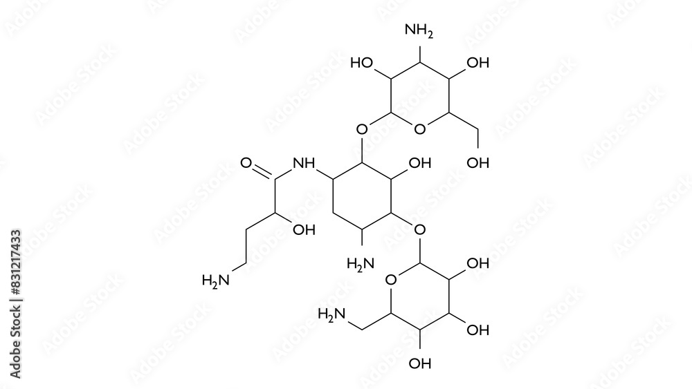 amikacin molecule, structural chemical formula, ball-and-stick model ...