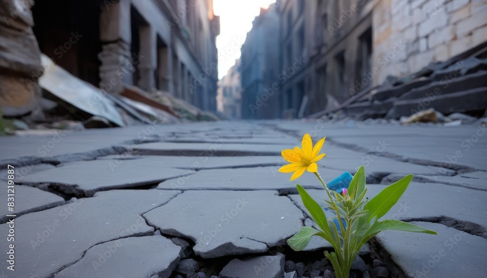 A vibrant yellow flower blooms from a crack in the pavement of a ...