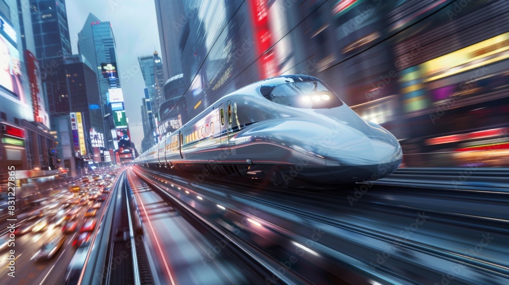 High-speed train speeding through a metropolitan area, with skyscrapers ...