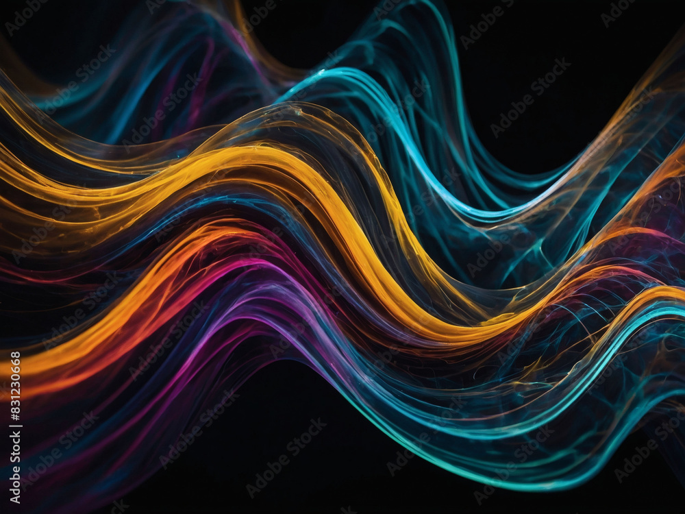 Colorful wave lines flowing dynamically against a black backdrop, creating an abstract ...
