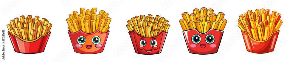 Set of Cartoon french fries in a red carton with a happy face, isolated ...
