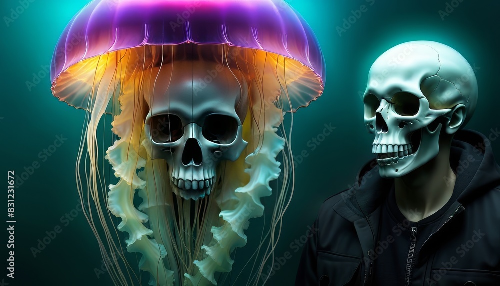 An eerie surreal artwork depicting a jellyfish with a human skull ...