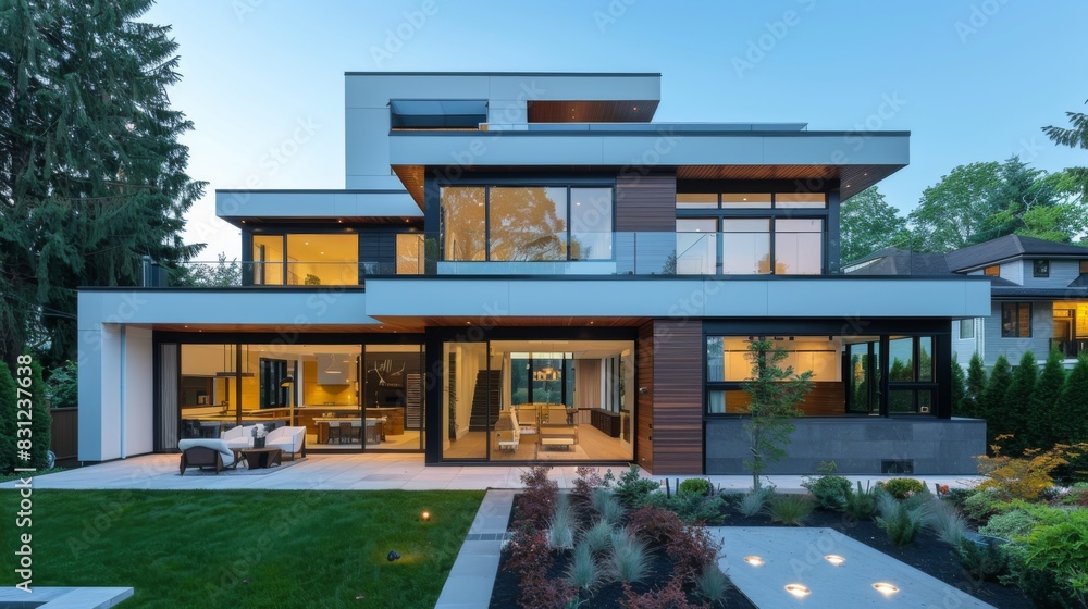 Minimalist modern home exterior with clean lines, large windows, and a ...