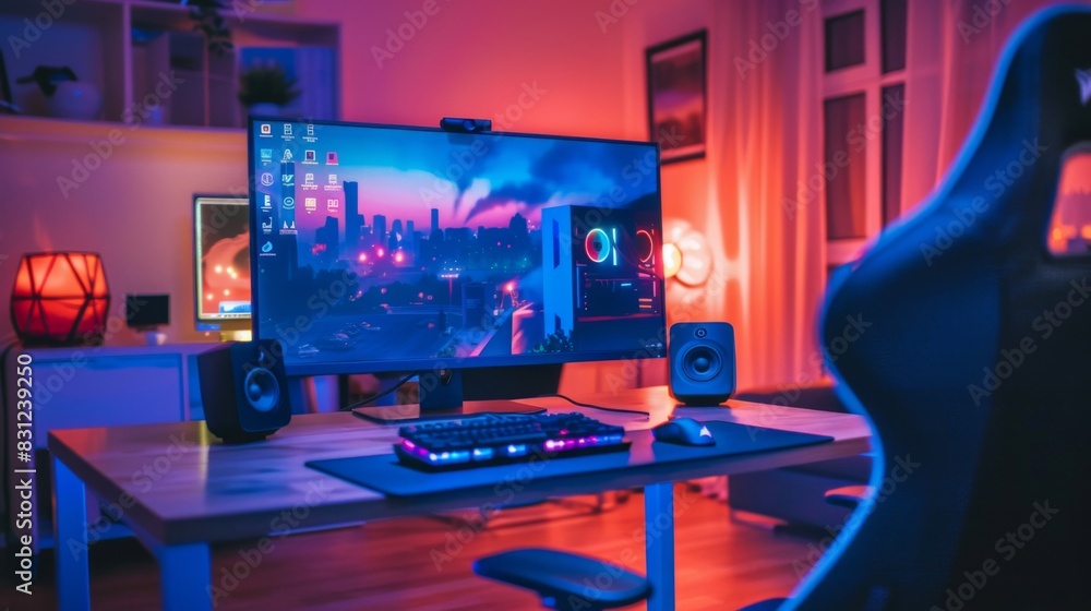 Modern gaming setup with RGB speakers and a gaming chair, highlighting ...