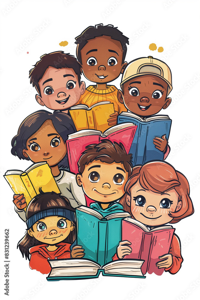 Cartoon of diverse children embracing the joy of learning through books ...