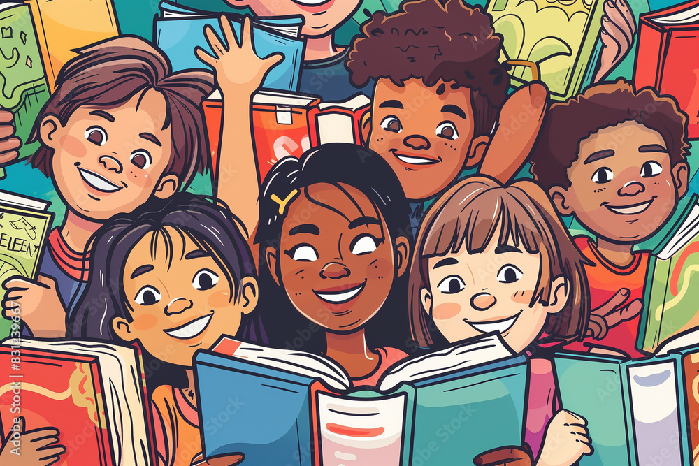 Cartoon of diverse children embracing the joy of learning through books ...