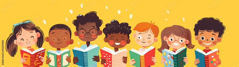Cartoon of diverse children embracing the joy of learning through books ...