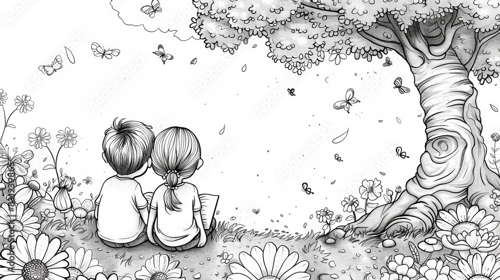 Coloring book page for kids of boy and girl sitting under tree reading ...