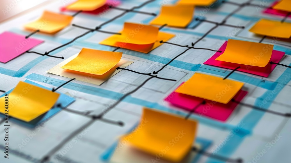 Colorful sticky notes arranged on a flowchart, used for planning ...