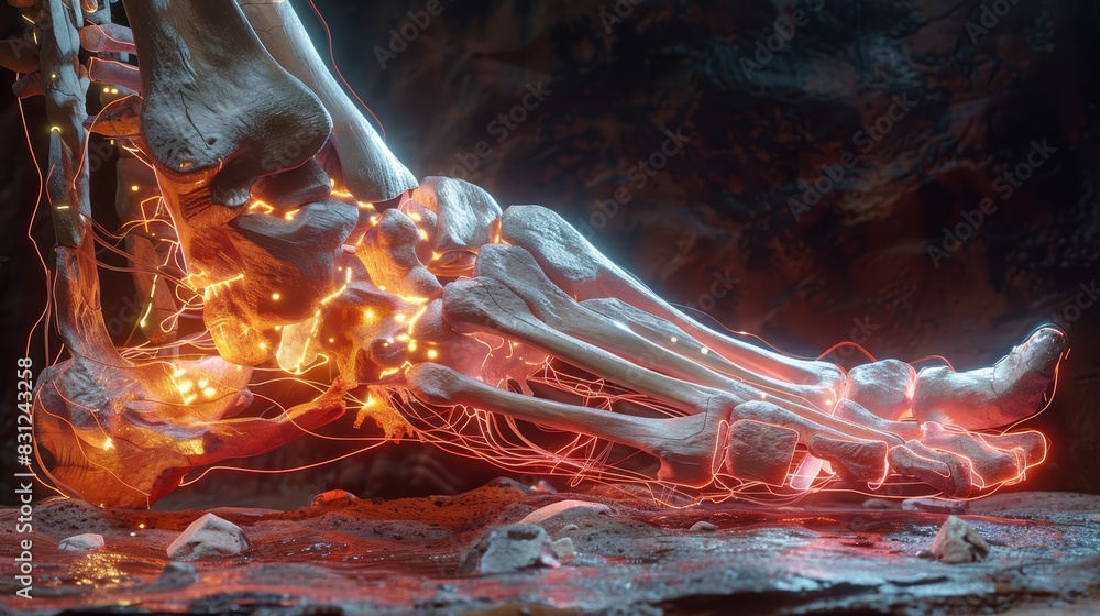 Futuristic digital artwork of a human foot skeletal structure with ...