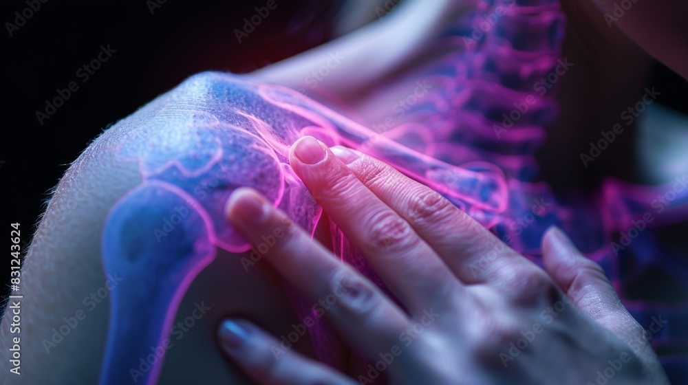 Human shoulder anatomy with hand and bones highlighted. Medical ...