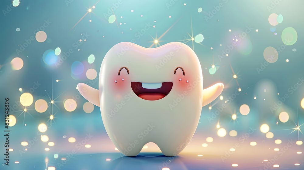 A cute tooth character smiling and spreading its arms, surrounded ...